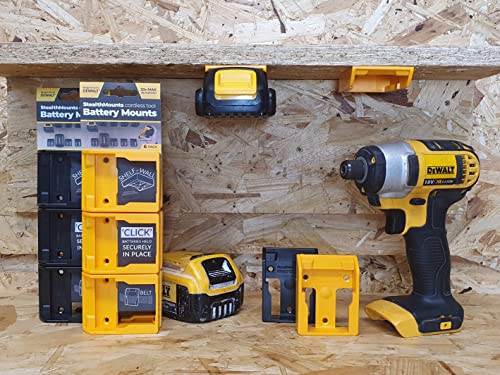 StealthMounts DeWalt Battery Holders 20v/60v | Cordless Battery Mounts for DeWalt Power Tools | 6 Pack | DeWalt Battery Organizers (Yellow)