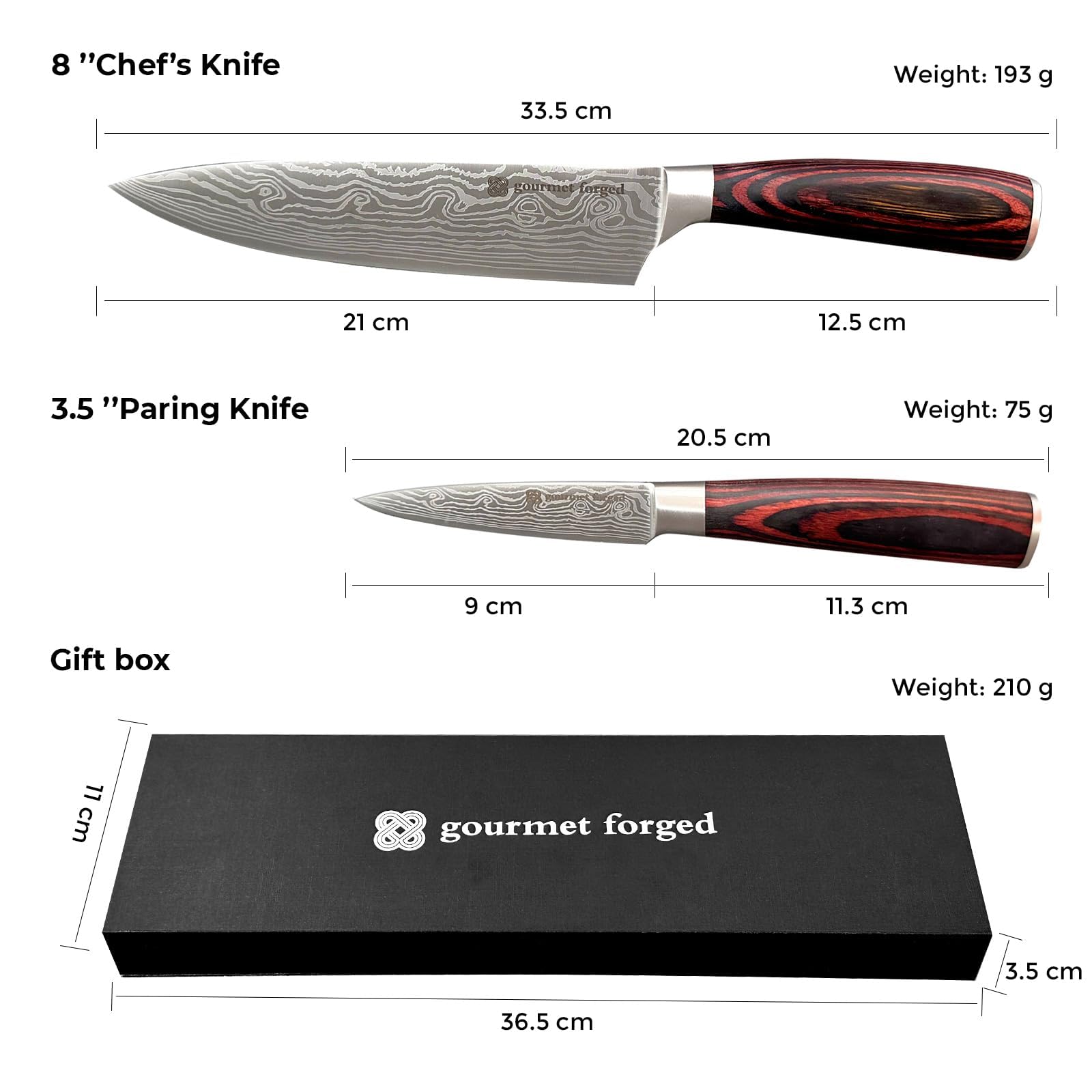 Gourmet Forged ChefDuo Professional 8 inch Chef Knife and 3.5 inch Paring Knife 2 Piece Set Ultra Sharp High Carbon German Steel with Damascus Pattern Ergonomic Pakkawood Handles Gift Box