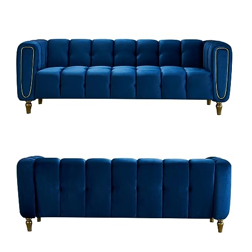 Melpomene 83.07" Mid-Century Modern Channel Tufted Sofa for Living Room, Upholstered Chesterfield Velvet Sofa Couch with Adjustable Metal Leg,Blue