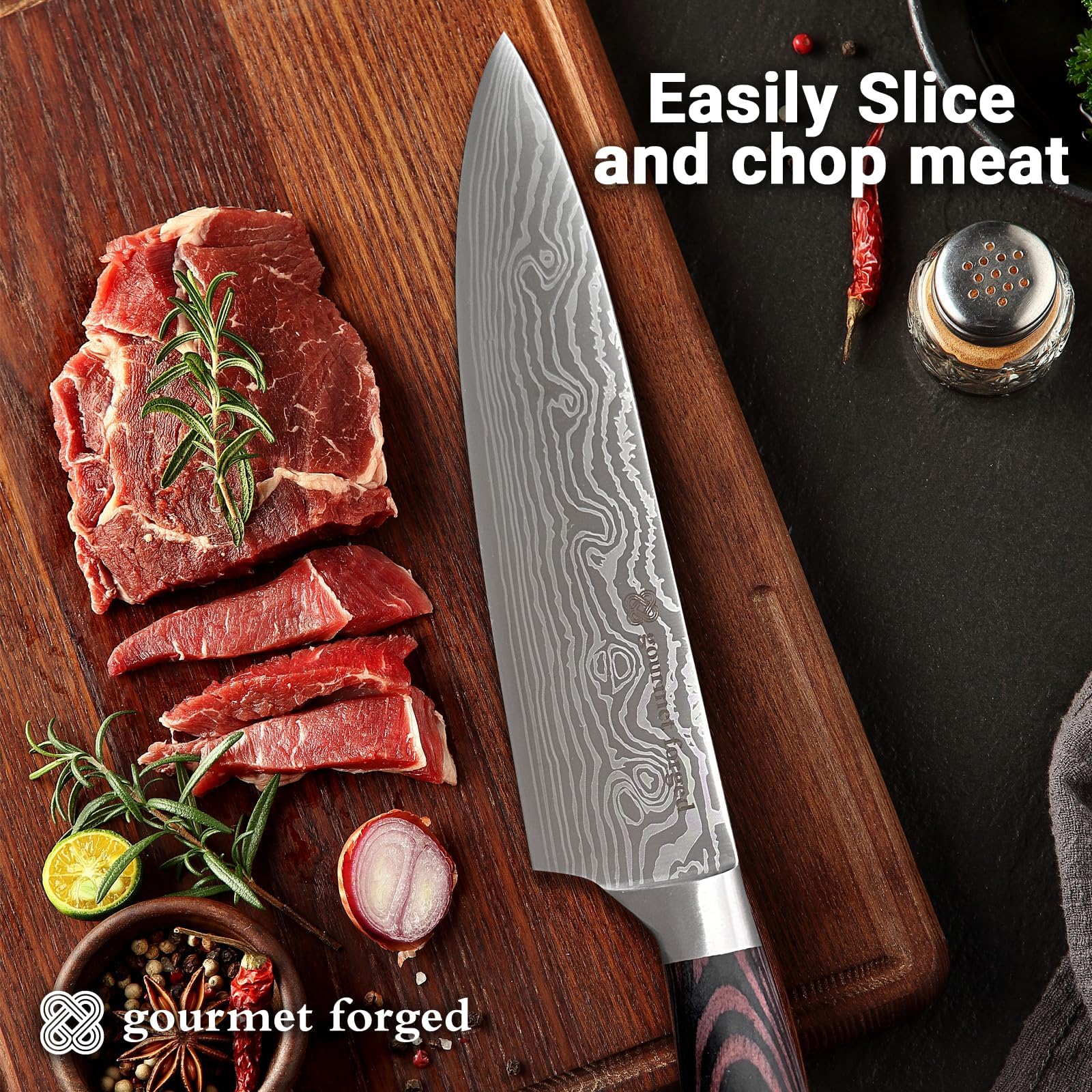 Gourmet Forged ChefDuo Professional 8 inch Chef Knife and 3.5 inch Paring Knife 2 Piece Set Ultra Sharp High Carbon German Steel with Damascus Pattern Ergonomic Pakkawood Handles Gift Box