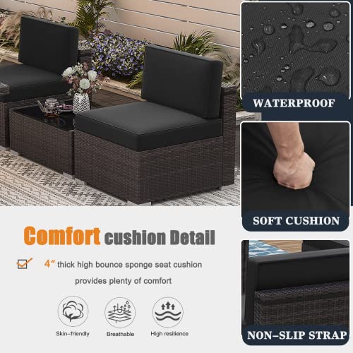 KHOLH 8 Pieces Patio Furniture Conversation Sofa Set with 44" Propane Gas Fire Pit Table, Outdoor Sectional Black Rattan Wicker Sofa Set