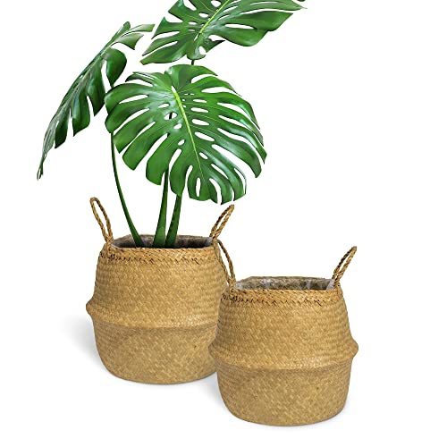 GAIAMADE Set of 2 Woven Seagrass Basket with Handles and Liner for Plant Pot, Belly Basket, Storage Basket, Wicker Baskets, Basket for Plant Baskets Indoor, Natural Seagrass Basket, Size ML