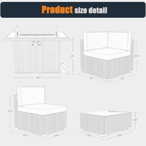 KHOLH 8 Pieces Patio Furniture Conversation Sofa Set with 44" Propane Gas Fire Pit Table, Outdoor Sectional Black Rattan Wicker Sofa Set