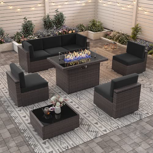 KHOLH 8 Pieces Patio Furniture Conversation Sofa Set with 44" Propane Gas Fire Pit Table, Outdoor Sectional Black Rattan Wicker Sofa Set