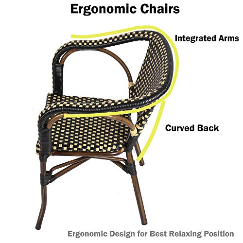 LUCKYERMORE Outdoor Rattan Wicker Chair Set of 4 Stackable Arm Chairs with Aluminum Frame Patio Dining Chair for Backyard Porch Garden, Black/Cream