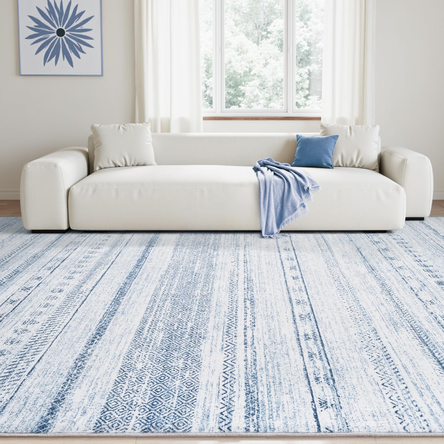 6x9 Area Rugs for Living Room Machine Washable Rug Distressed Indoor Carpet Neutral Moroccan Boho Rug Ultra Soft Area Rug for Bedroom Dining Room Playroom Office,Blue