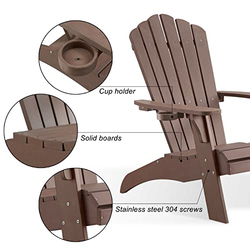 Psilvam Adirondack Chair, Oversized Poly Lumber Fire Pit Chair with Cup Holder, 350Lbs Support Patio Chairs for Garden, Weather Resistant Outdoors Seating, Relaxing Gift for Father & Mother (4, Brown)