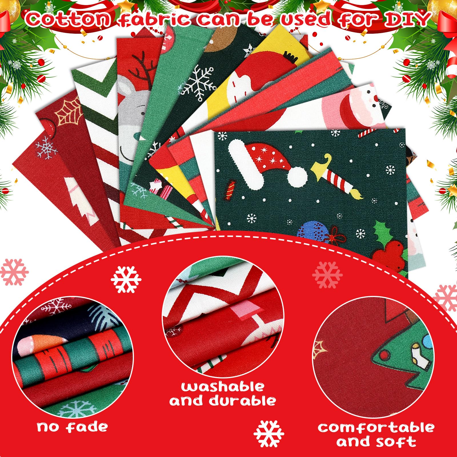 Kinlop 600 Pcs 4 x 4 in Christmas Fabric Bundles Christmas Fat Quarters Cotton Sewing Fabric Christmas Precut Fabric for Quilting Santa Snowflake Printed Fabric Scraps Bulk for Patchwork DIY Craft