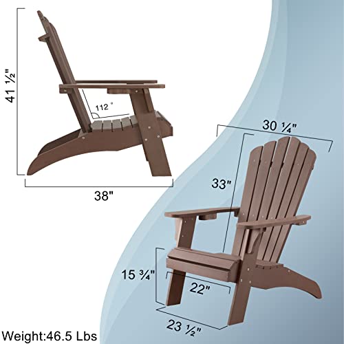 Psilvam Adirondack Chair, Oversized Poly Lumber Fire Pit Chair with Cup Holder, 350Lbs Support Patio Chairs for Garden, Weather Resistant Outdoors Seating, Relaxing Gift for Father & Mother (4, Brown)