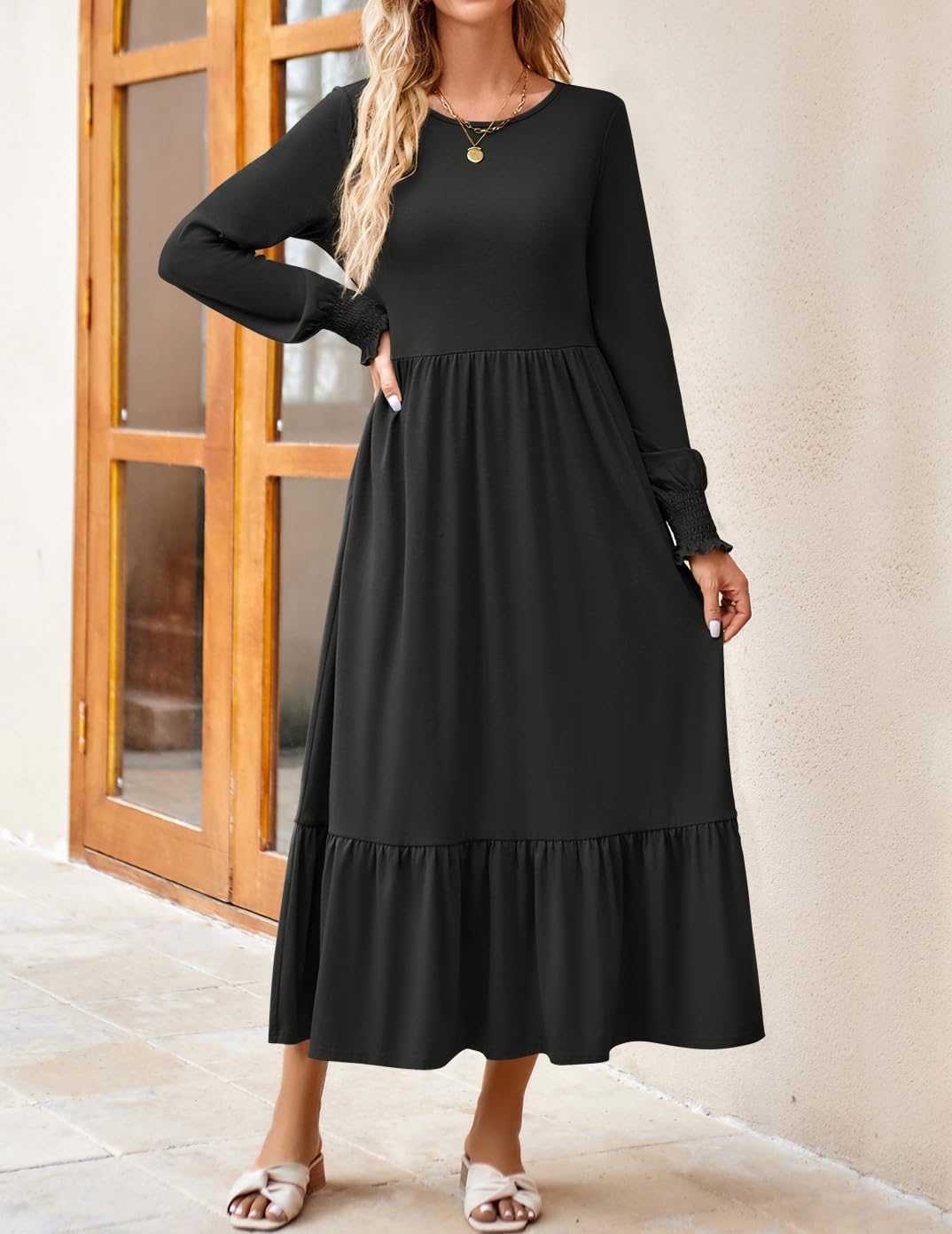 ZESICA Women's Spring Long Sleeve Dress 2025 Crewneck Casual Loose Pleated Tiered Swing Midi Dresses with Pockets,Black,Large