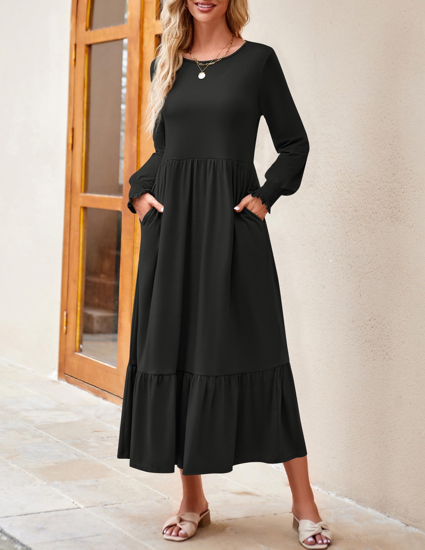 ZESICA Women's Spring Long Sleeve Dress 2025 Crewneck Casual Loose Pleated Tiered Swing Midi Dresses with Pockets,Black,Large