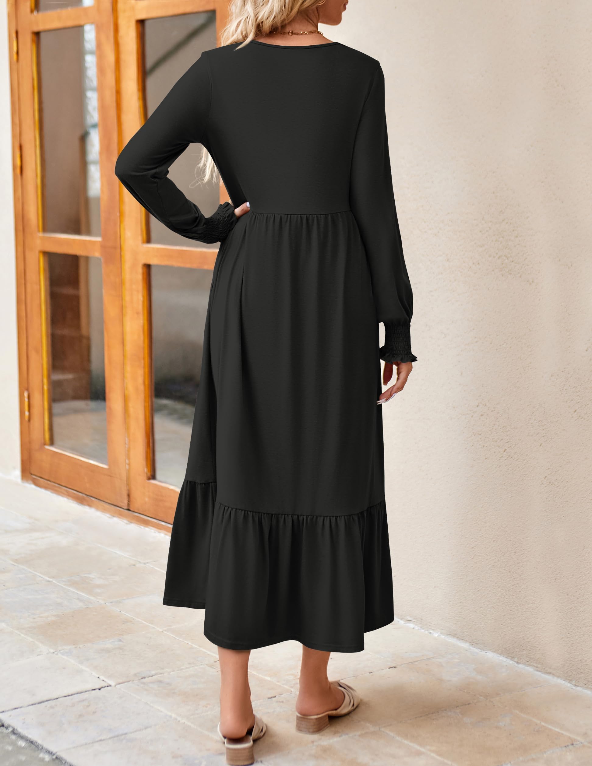 ZESICA Women's Spring Long Sleeve Dress 2025 Crewneck Casual Loose Pleated Tiered Swing Midi Dresses with Pockets,Black,Large