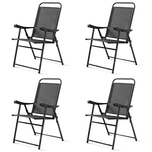 Safstar Folding Sling Chairs, Patio Furniture Chair Set with Armrest for Lawn Garden (Dark Gray 4PCS)