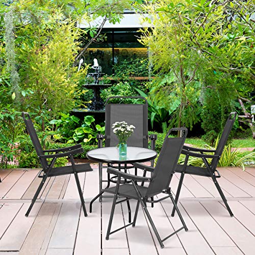 Safstar Folding Sling Chairs, Patio Furniture Chair Set with Armrest for Lawn Garden (Dark Gray 4PCS)