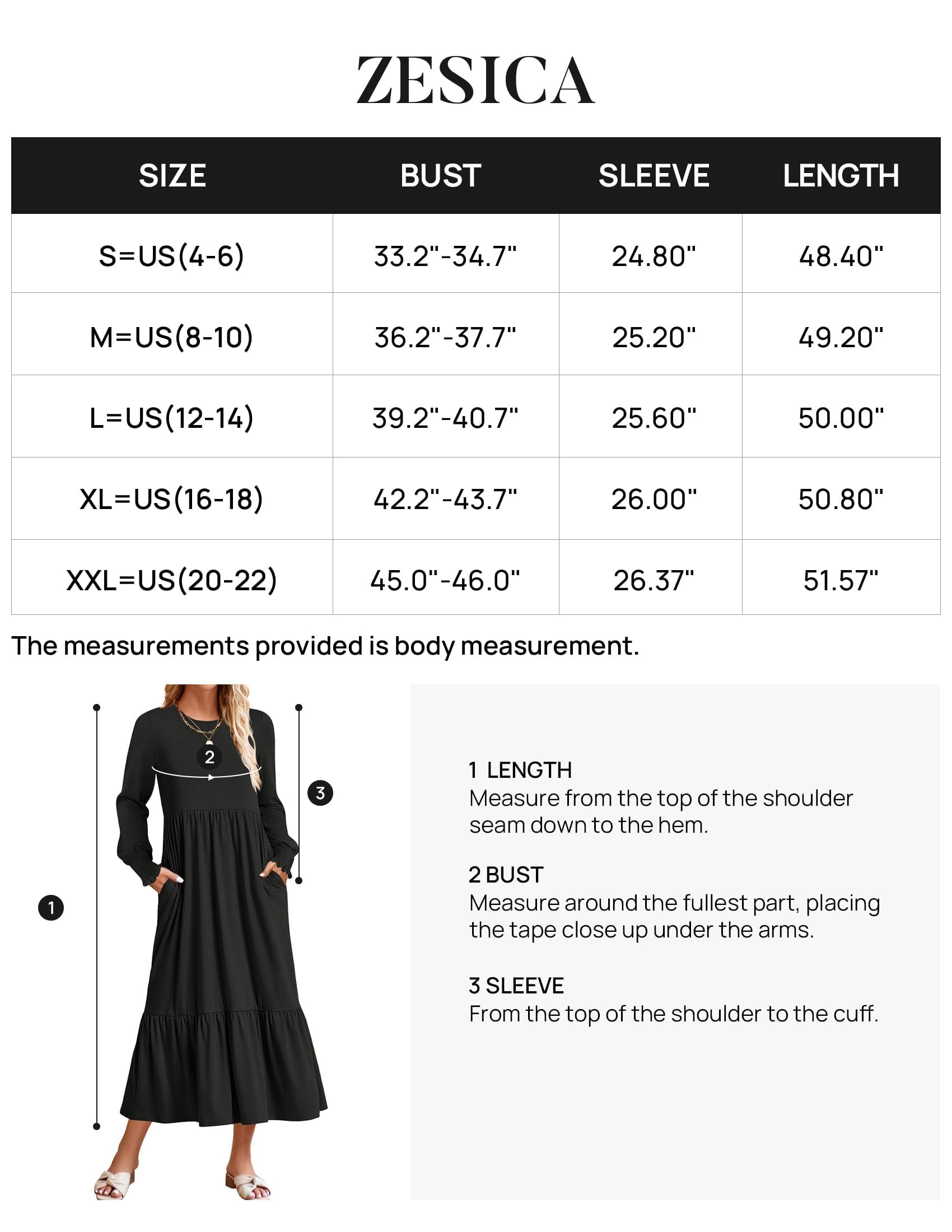 ZESICA Women's Spring Long Sleeve Dress 2025 Crewneck Casual Loose Pleated Tiered Swing Midi Dresses with Pockets,Black,Large