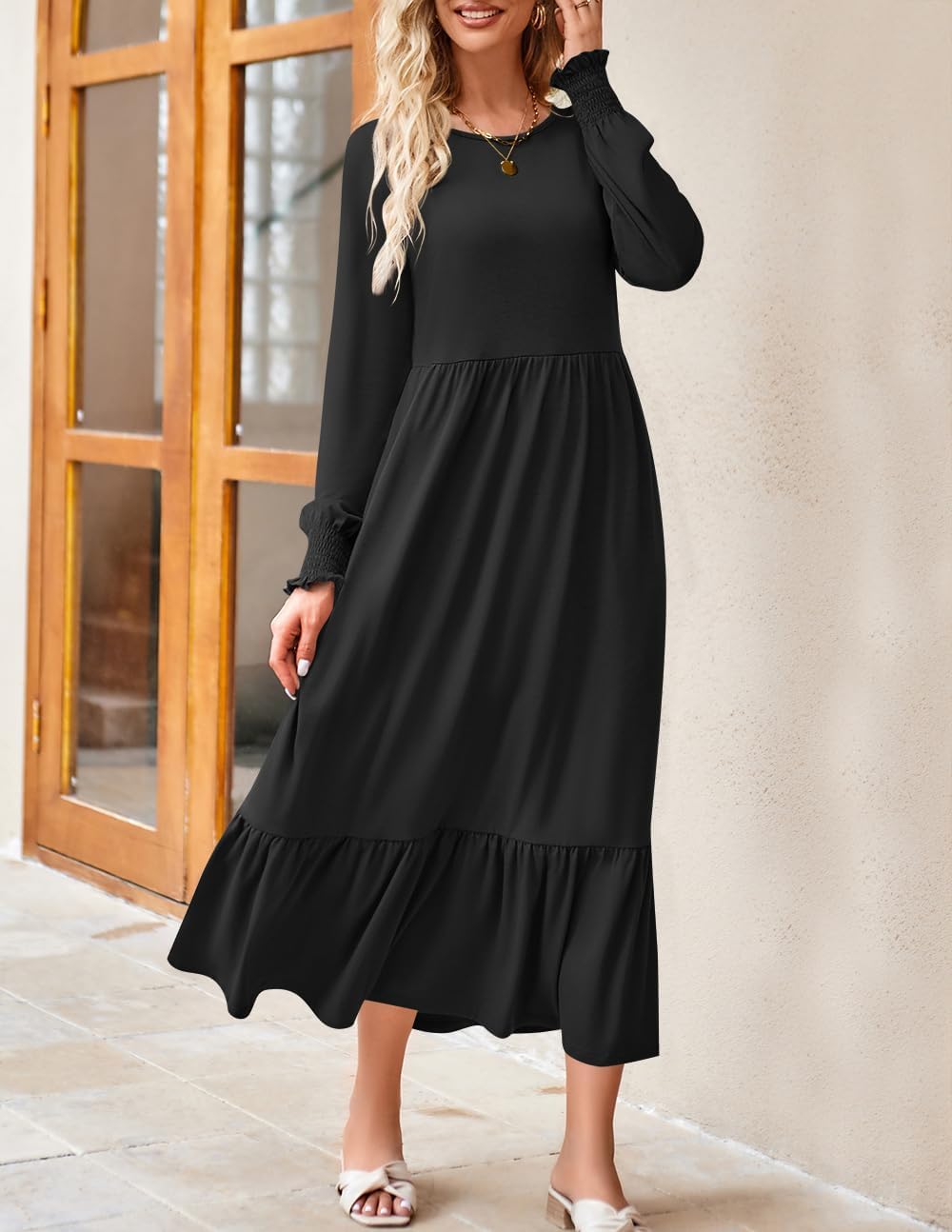 ZESICA Women's Spring Long Sleeve Dress 2025 Crewneck Casual Loose Pleated Tiered Swing Midi Dresses with Pockets,Black,Large