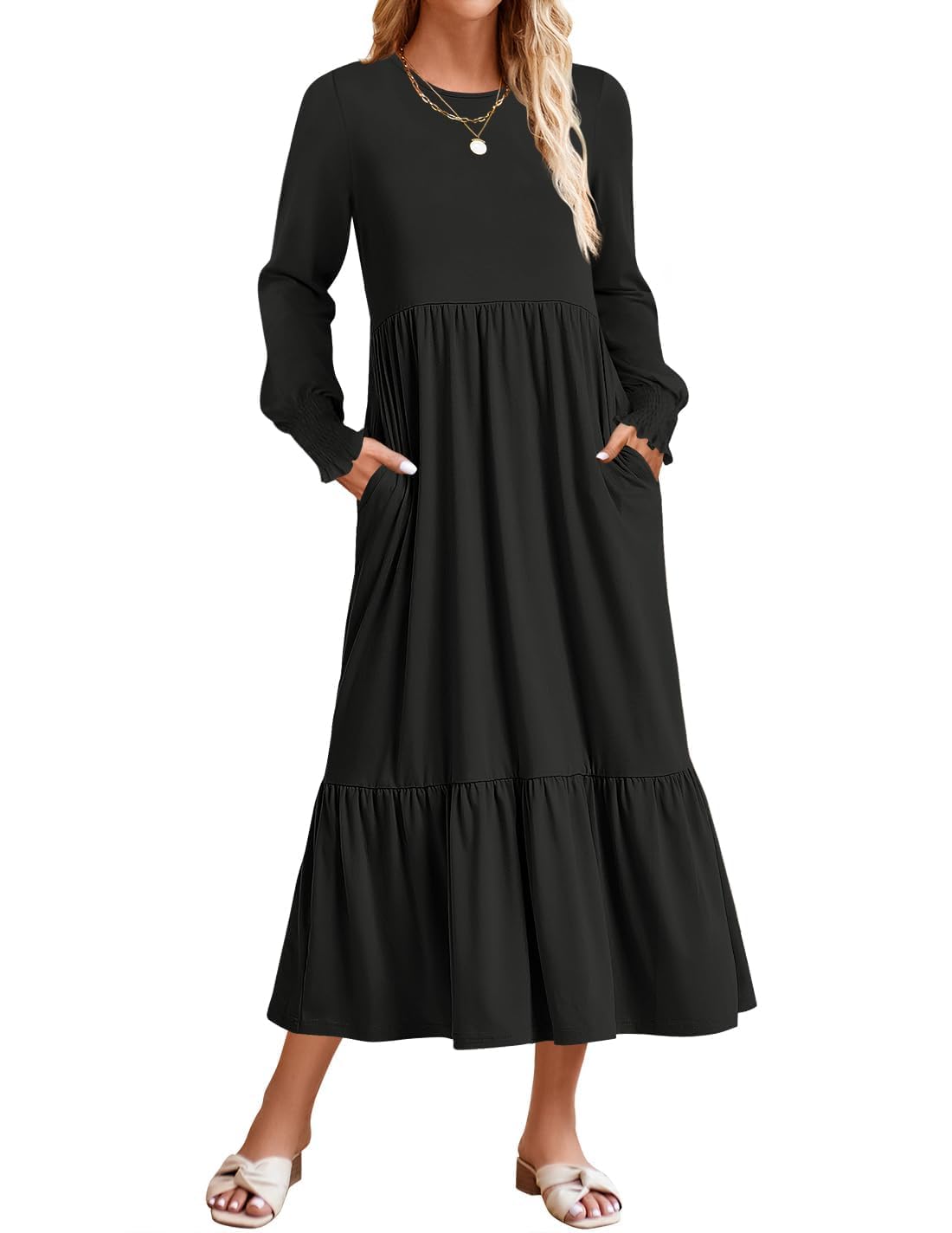 ZESICA Women's Spring Long Sleeve Dress 2025 Crewneck Casual Loose Pleated Tiered Swing Midi Dresses with Pockets,Black,Large