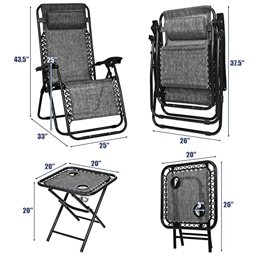 Tangkula 3 Pieces Outdoor Zero Gravity Chair Set, Folding Reclining Lounge Chair with Adjustable Backrest, Head Pillow, Matching Table with Cup Holder, Camping Recliner for Poolside, Yard (Grey)