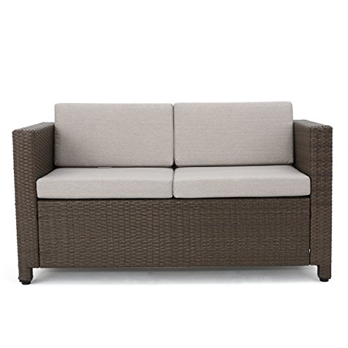 Christopher Knight Home Puerta Outdoor Wicker Loveseat with Cushions, Brown / Ceramic Grey Cushions