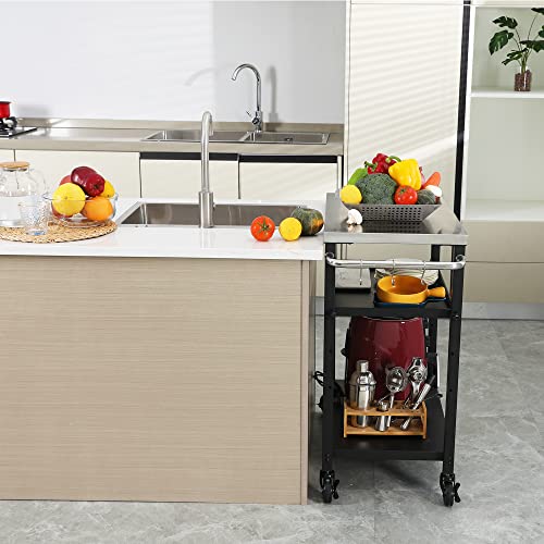 Feasto Rolling 3-Tier Adjustable Outdoor Pizza Oven Table and Food Prep Cart Table, Home and Outdoor Multifunctional Stainless Steel Table Top Worktable on Four Wheels, L34’’x W16.1’’x H33’’