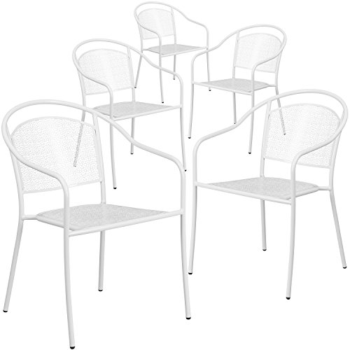 Flash Furniture Commercial Grade 5 Pack White Indoor-Outdoor Steel Patio Arm Chair with Round Back
