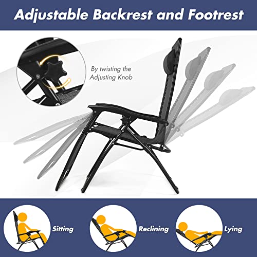 Tangkula 3 Pieces Outdoor Zero Gravity Chair Set, Folding Reclining Lounge Chair with Adjustable Backrest, Head Pillow, Matching Table with Cup Holder, Camping Recliner for Poolside, Yard (Grey)