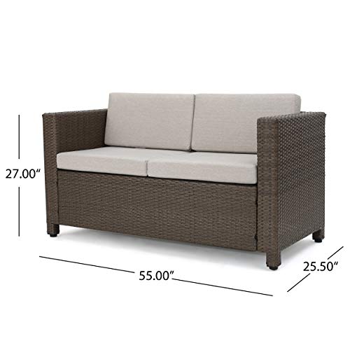 Christopher Knight Home Puerta Outdoor Wicker Loveseat with Cushions, Brown / Ceramic Grey Cushions