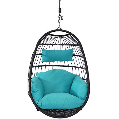 Sunnydaze Penelope Black Steel and Polyethylene Wicker Hanging Egg Chair with Turquoise Polyester Seat Cushions - Bohemian Single Lounge Chair Swing - Collapsible Nylon Rope Back - 45-Inch Tall