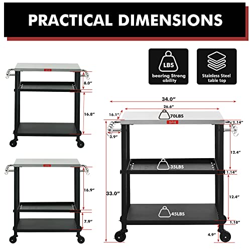 Feasto Rolling 3-Tier Adjustable Outdoor Pizza Oven Table and Food Prep Cart Table, Home and Outdoor Multifunctional Stainless Steel Table Top Worktable on Four Wheels, L34’’x W16.1’’x H33’’