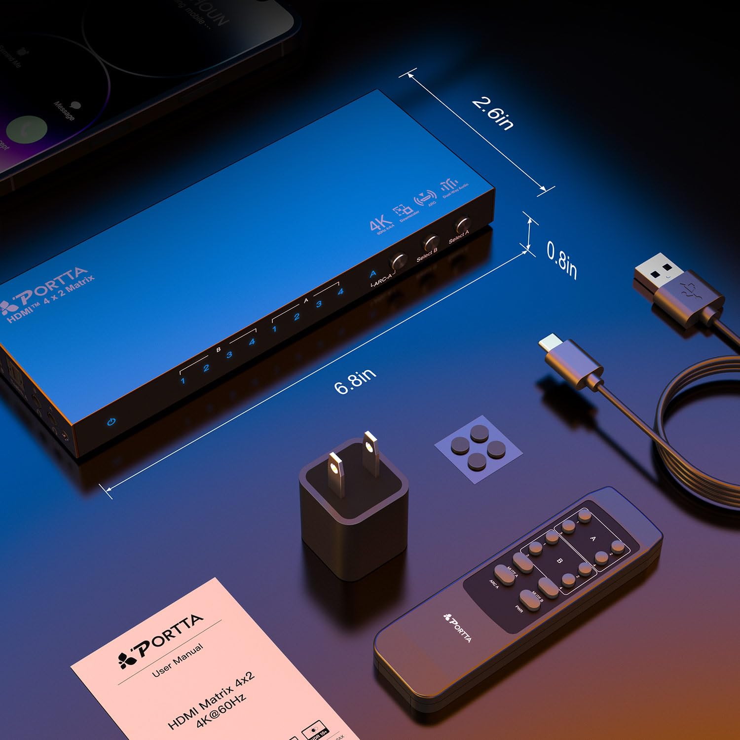 4K 60Hz HDMI Matrix 4x2, PORTTA 4 in 2 Out Switch Splitter with Toslink 3.5mm Audio Extractor, ARC, 16 EDID Modes, 4K Downscale, and IR Remote Support HDMI 2.0b HDCP 2.3/2.2 HDR 3D