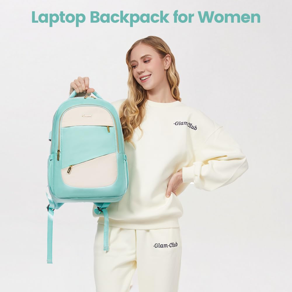 LOVEVOOK Laptop Backpack for Women,15.6 Inch College Travel Computer Back Pack, Backpacks with USB Port,Work Business Water Resistant Bag with Laptop Compartment for Teacher Nurse,Green-White