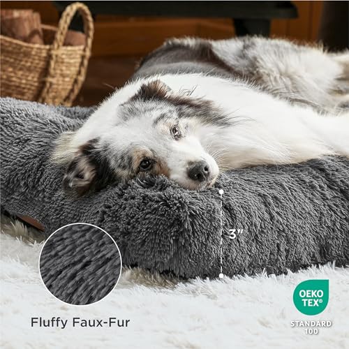 Bedsure Large Dog Bed Washable, Plush Calming Dog Crate Beds for Large Breed, Fulffy Dogs Sleeping Mat, Anti-Slip Pet Kennel Pad, 35" x 23", Dark Grey