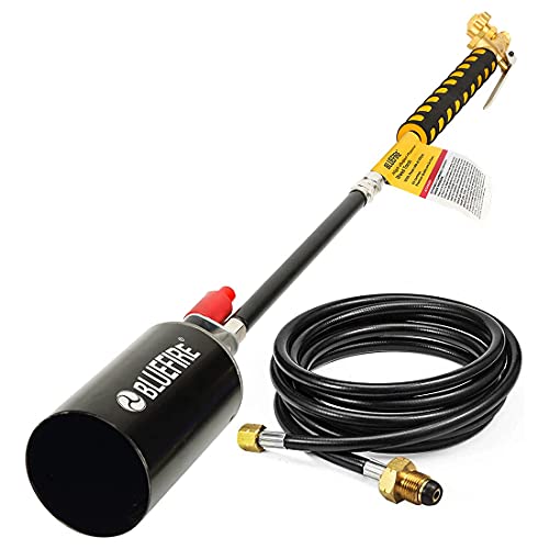 BLUEFIRE 150,000 BTU High Output Propane Torch Weed Burner with 10ft Hose Trigger Start Heavy-Duty Turbo Jumbo Flame Garden Blowtorch Weeds Burn Ice Snow Melt Roof Asphalt Road Repair Campfire Starter