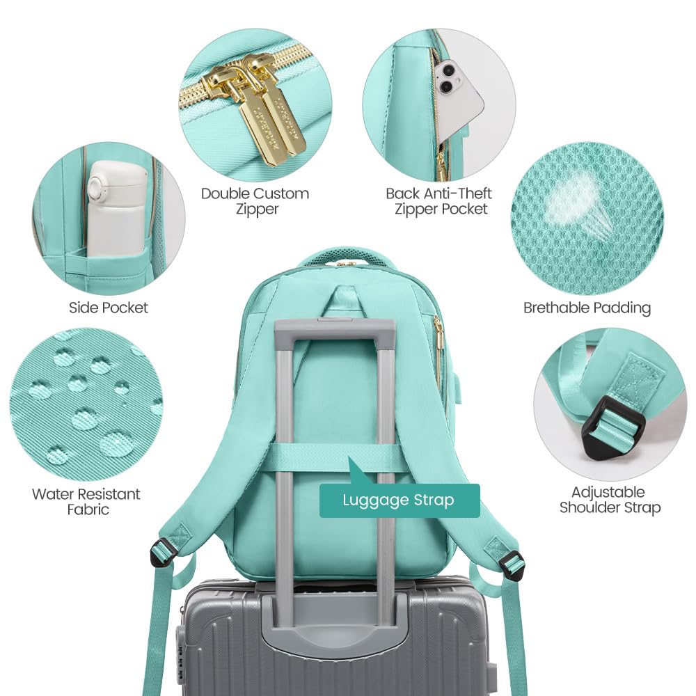 LOVEVOOK Laptop Backpack for Women,15.6 Inch College Travel Computer Back Pack, Backpacks with USB Port,Work Business Water Resistant Bag with Laptop Compartment for Teacher Nurse,Green-White