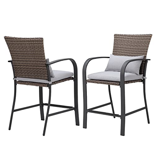Olmia Outdoor Bar Stools Set 0f 2, 2 PC Wicker Bar Stools Rattan Patio Bar Stools with Gray Cushions and Pillows, Brown Outside Bar Rattan Counter Stools with Foot-Rest - Steel Frame
