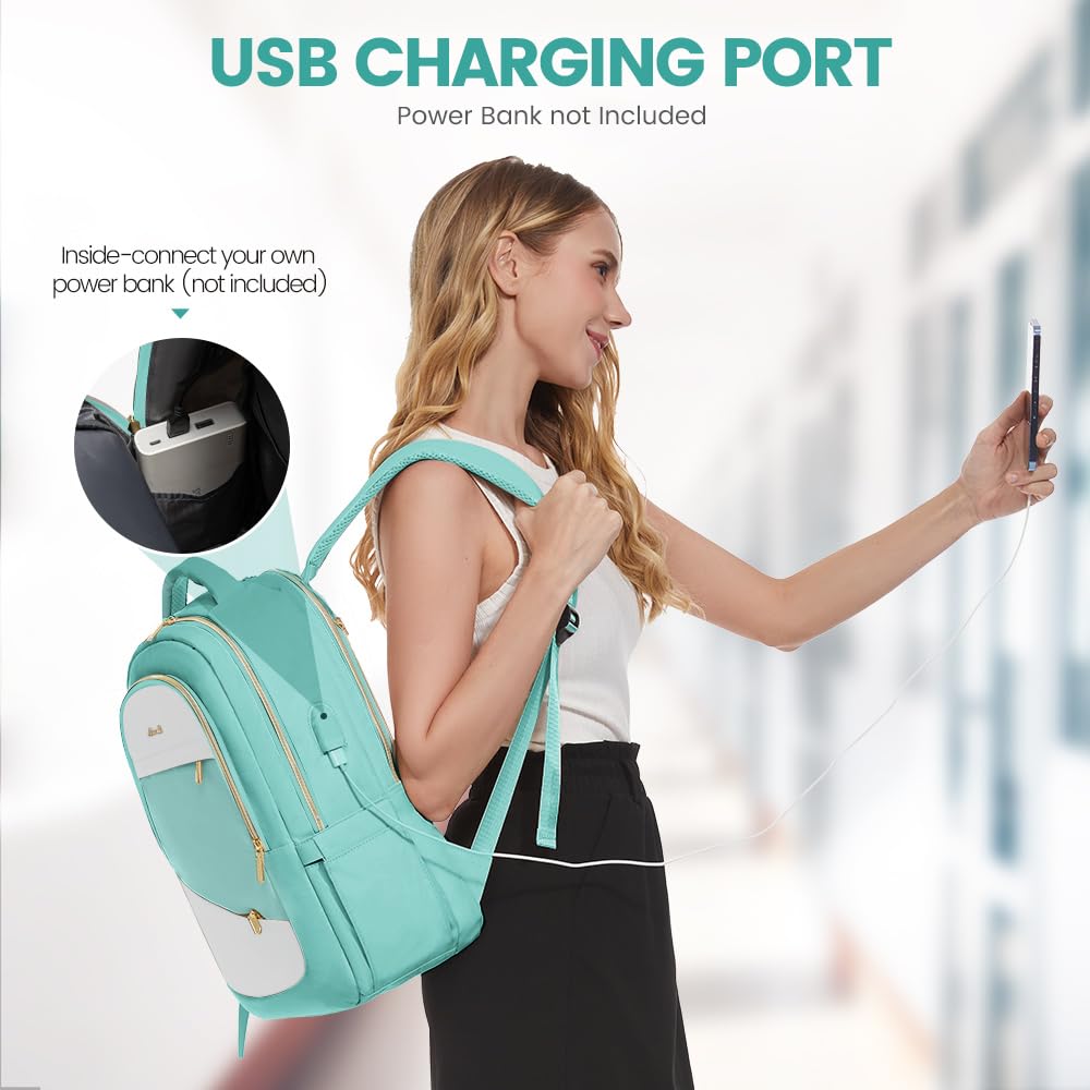 LOVEVOOK Laptop Backpack for Women,15.6 Inch College Travel Computer Back Pack, Backpacks with USB Port,Work Business Water Resistant Bag with Laptop Compartment for Teacher Nurse,Green-White