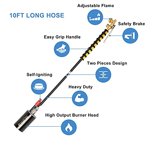 BLUEFIRE 150,000 BTU High Output Propane Torch Weed Burner with 10ft Hose Trigger Start Heavy-Duty Turbo Jumbo Flame Garden Blowtorch Weeds Burn Ice Snow Melt Roof Asphalt Road Repair Campfire Starter