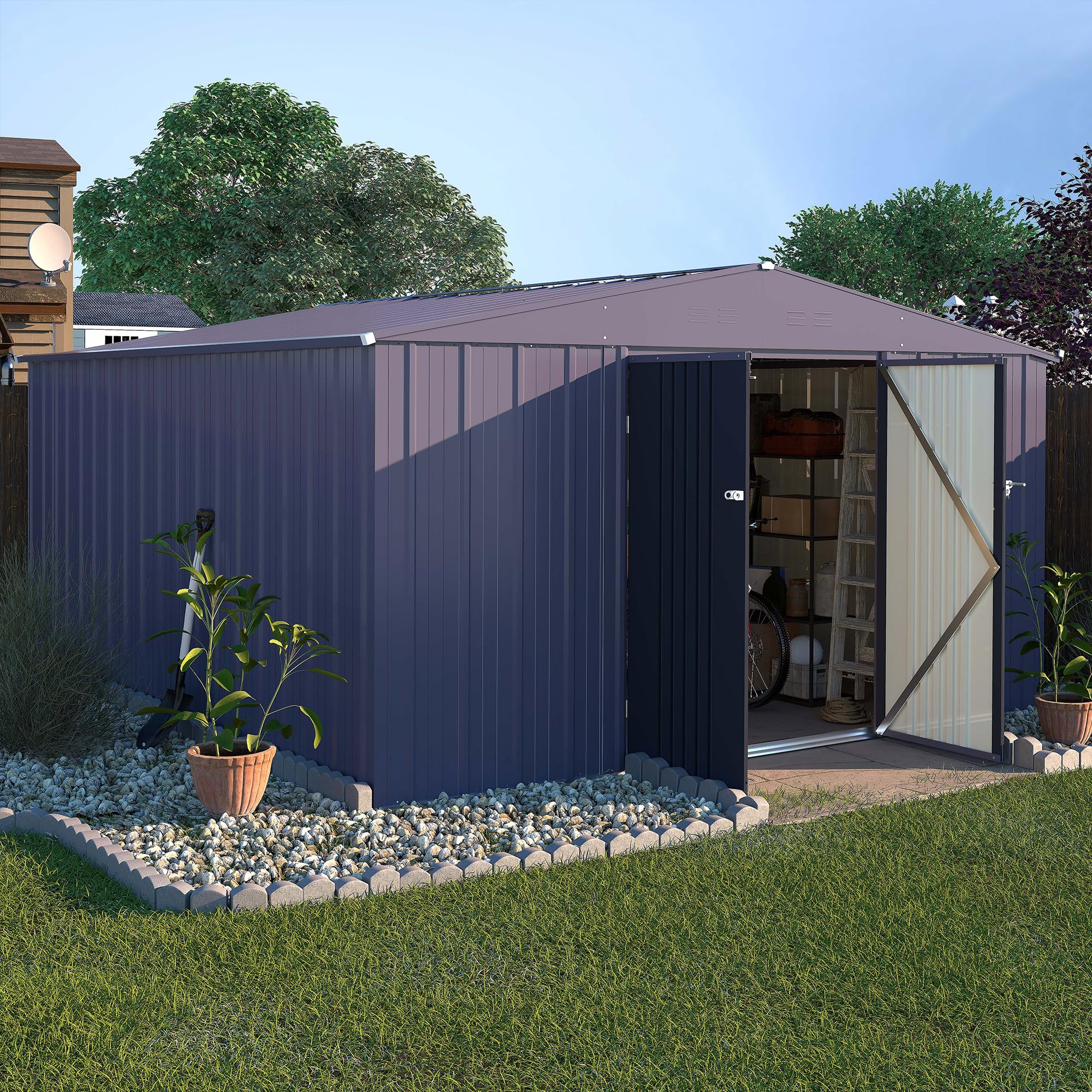 MUPATER 10 x 10 FT Outdoor Metal Storage Shed, Galvanized Tool shed Storage House with Slooping Roof and Lockable Door, Outdoor Storage Clearance to Store Patio Furniture for Garden and Backyard, Grey