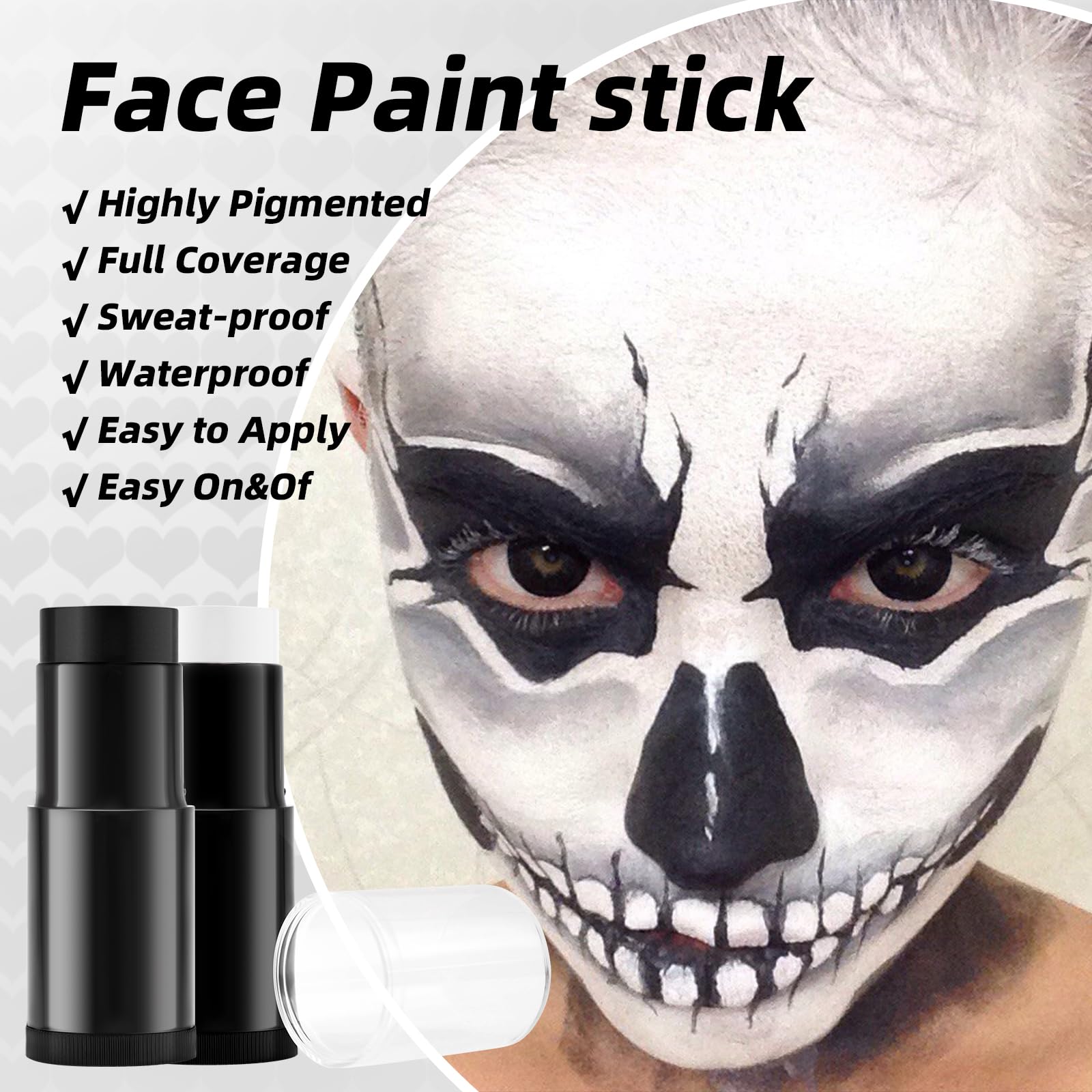 2 Pack Black White Face Paint Stick, Each Color 1 oz Cream Blendable Halloween Face Body Eye Painting Sticks for Sports Events Special Effects Makeup Kit, Full Coverage Skin Paints for Adults Kids