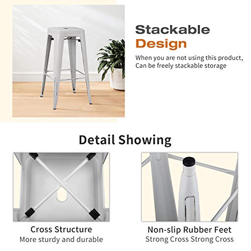 Furmax 30 Inches Metal Bar Stools Bar Height High Backless Stools Indoor Outdoor Stackable Kitchen Stools Set of 4 (Distressed White)