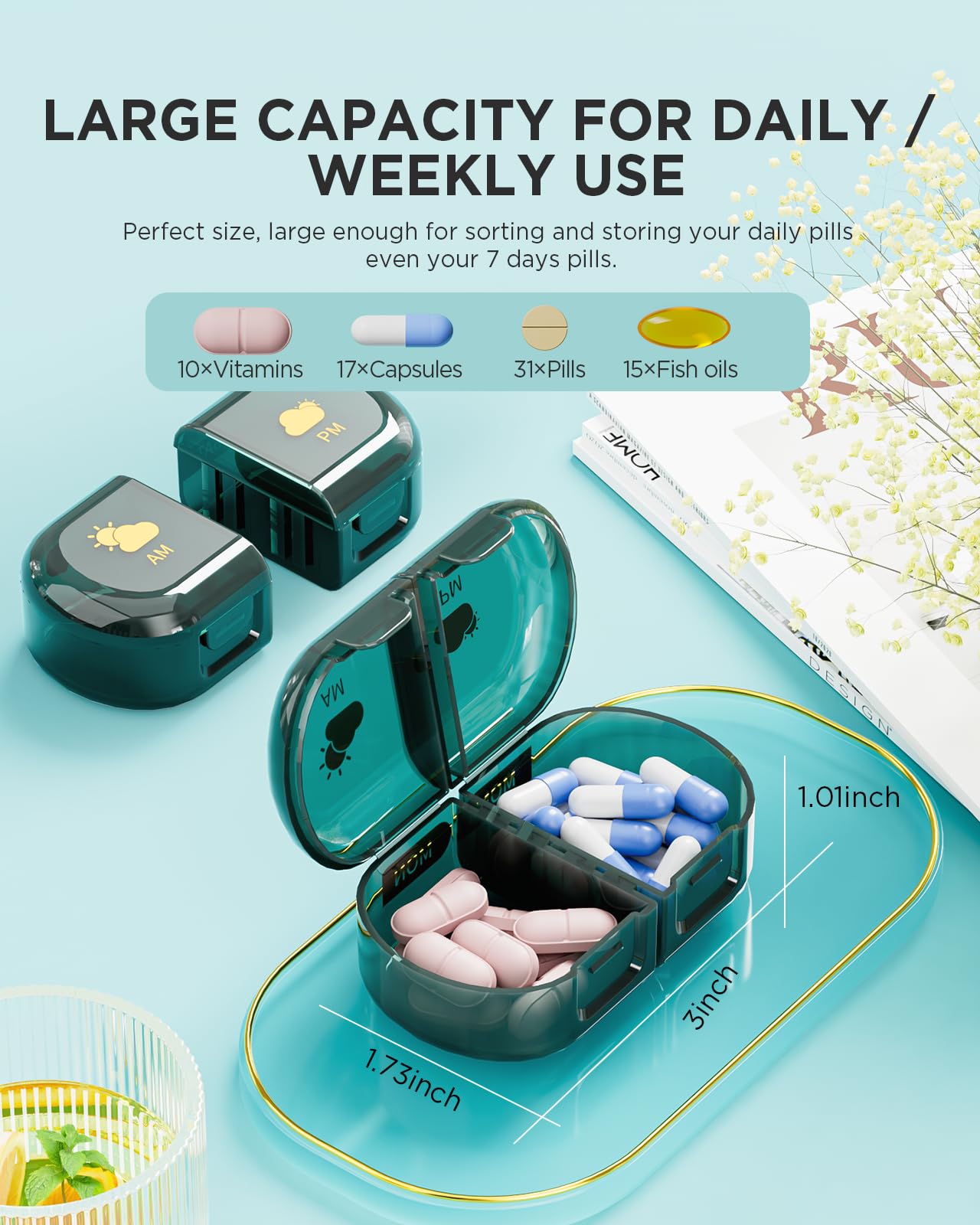 Pill Organizer 2 Times a Day, Large Weekly AM PM Pill Organizer, Acedada Twice Daily Pill Box 7 Day with Detachable Compartment, Big Medicine Container Case Holder for Vitamin Fish Oil Supplement, DG