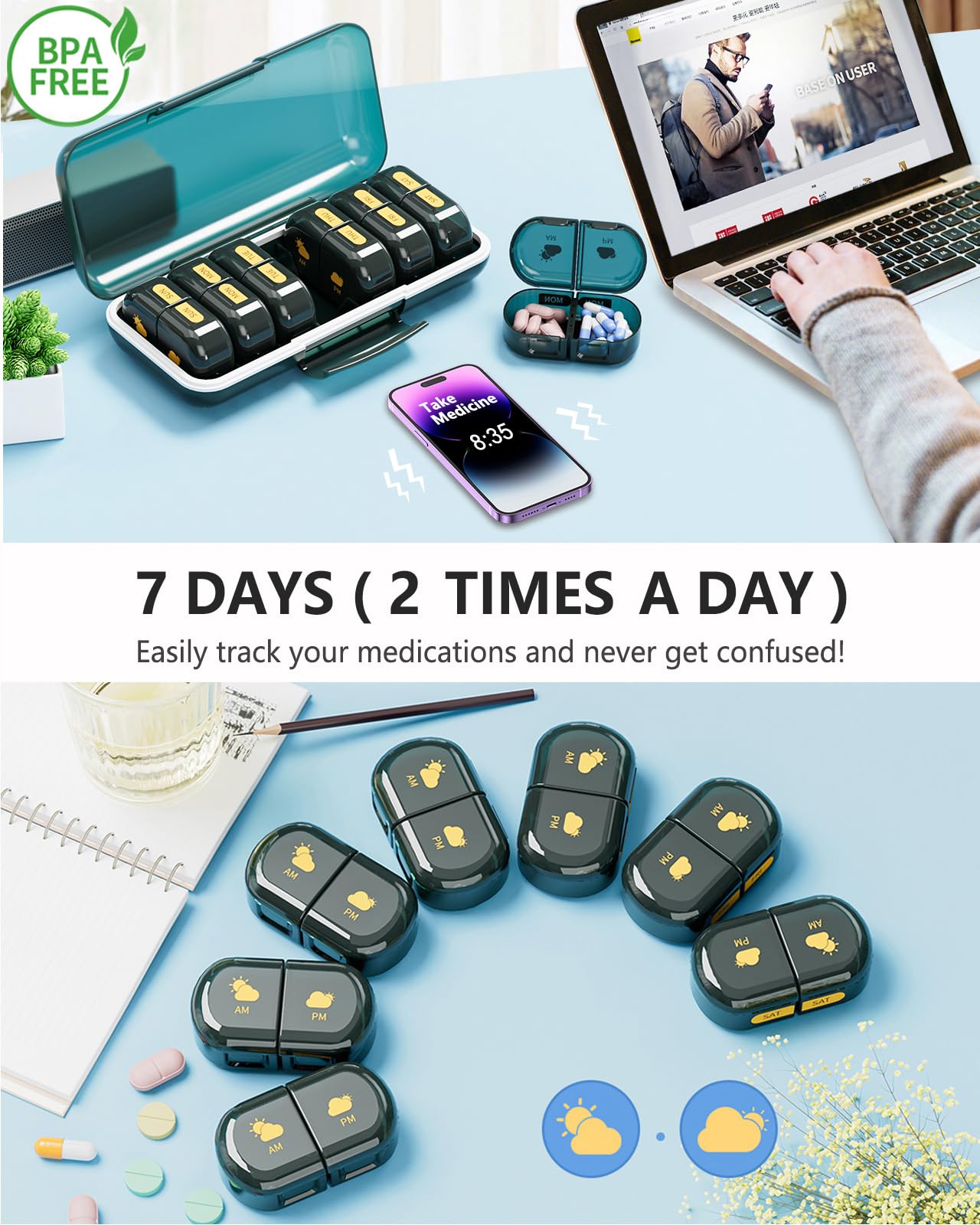 Pill Organizer 2 Times a Day, Large Weekly AM PM Pill Organizer, Acedada Twice Daily Pill Box 7 Day with Detachable Compartment, Big Medicine Container Case Holder for Vitamin Fish Oil Supplement, DG