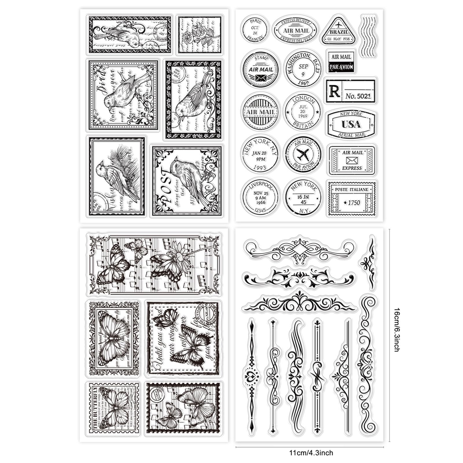 GLOBLELAND 4 Sheets Postage Postcard Air Mail Clear Stamps for DIY Scrapbooking Butterfly Text Background Silicone Clear Stamp Seals Transparent Stamps for Cards Making Photo Album Journal