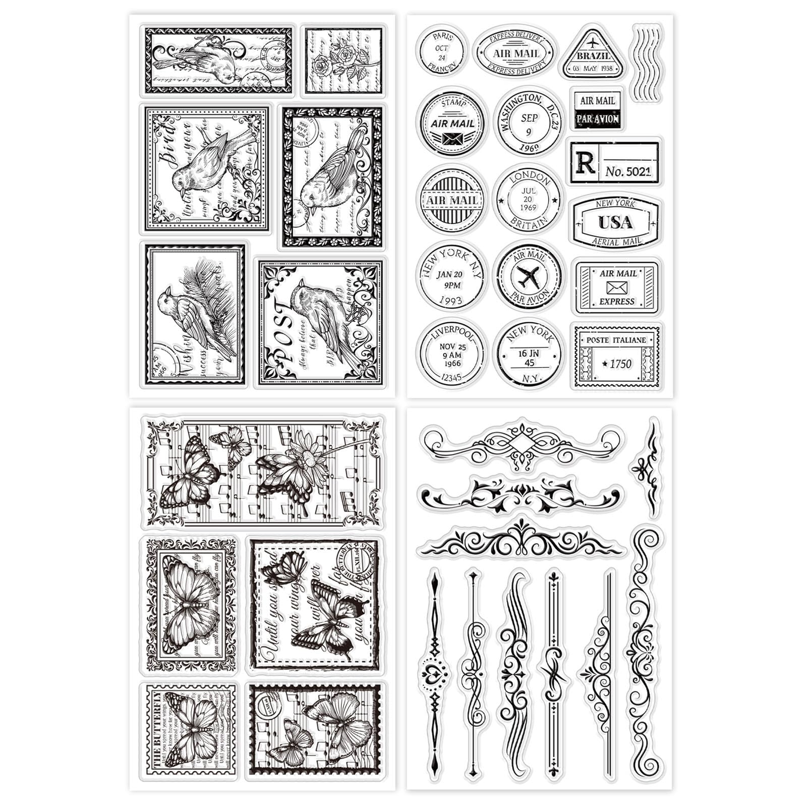 GLOBLELAND 4 Sheets Postage Postcard Air Mail Clear Stamps for DIY Scrapbooking Butterfly Text Background Silicone Clear Stamp Seals Transparent Stamps for Cards Making Photo Album Journal