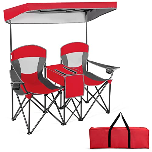 Tangkula Loveseat Camping Chair with Adjustable Shade Canopy, Portable Beach Chair with Cooler Bag, 2 Cup Holders, Carrying Bag, Foldable Double Lawn Chair for Travel, Fishing, Picnic (Red)