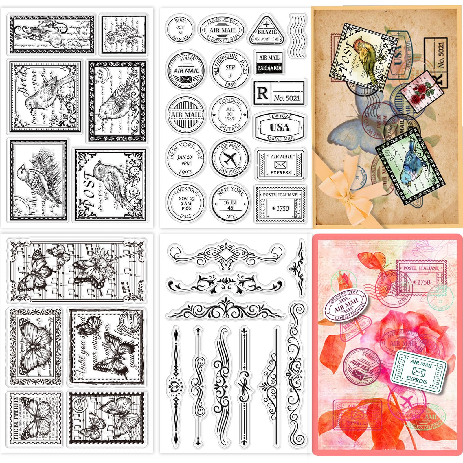 GLOBLELAND 4 Sheets Postage Postcard Air Mail Clear Stamps for DIY Scrapbooking Butterfly Text Background Silicone Clear Stamp Seals Transparent Stamps for Cards Making Photo Album Journal
