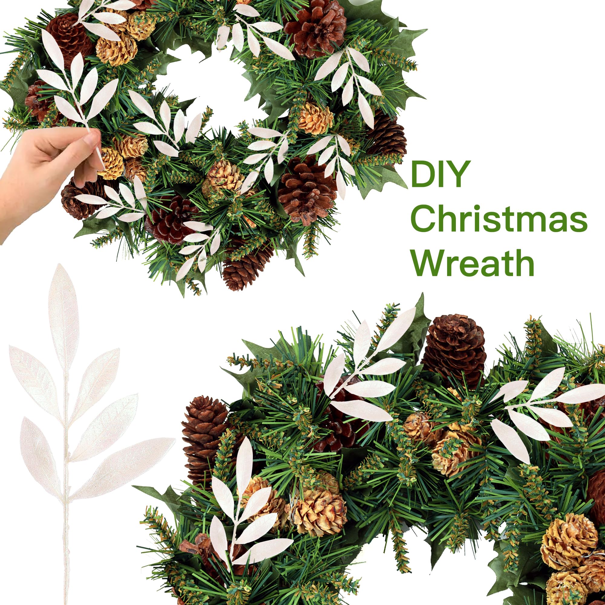 Sggvecsy 40 Pieces Artificial Glitter Leaf White Glittered Spray Picks 13’’ Fake Floral Leaf Branches Xmas Decoration for Christmas Tree DIY Wreath Crafts Gift Home Garden Decoration(White,40 Pieces)