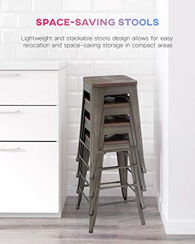 FDW 24 Inches Metal Bar Stools Set of 4 Counter Height Wood Seat Barstool Patio Stool Stackable Backless Stool Indoor Outdoor Metal Kitchen Stools Bar Chairs (Bronze)