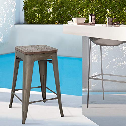 FDW 24 Inches Metal Bar Stools Set of 4 Counter Height Wood Seat Barstool Patio Stool Stackable Backless Stool Indoor Outdoor Metal Kitchen Stools Bar Chairs (Bronze)