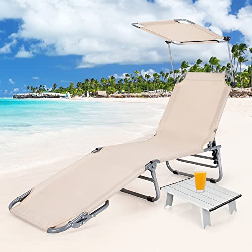 GYMAX Tanning Chair, Beach Lounge Chair with Canopy Sunshade, Carry Handle & Pocket, 5 Level Adjustable Layout Chaise Lounge for Outside, Folding Sunbath Chair for Outdoor, Patio, Poolside (1, Sand)